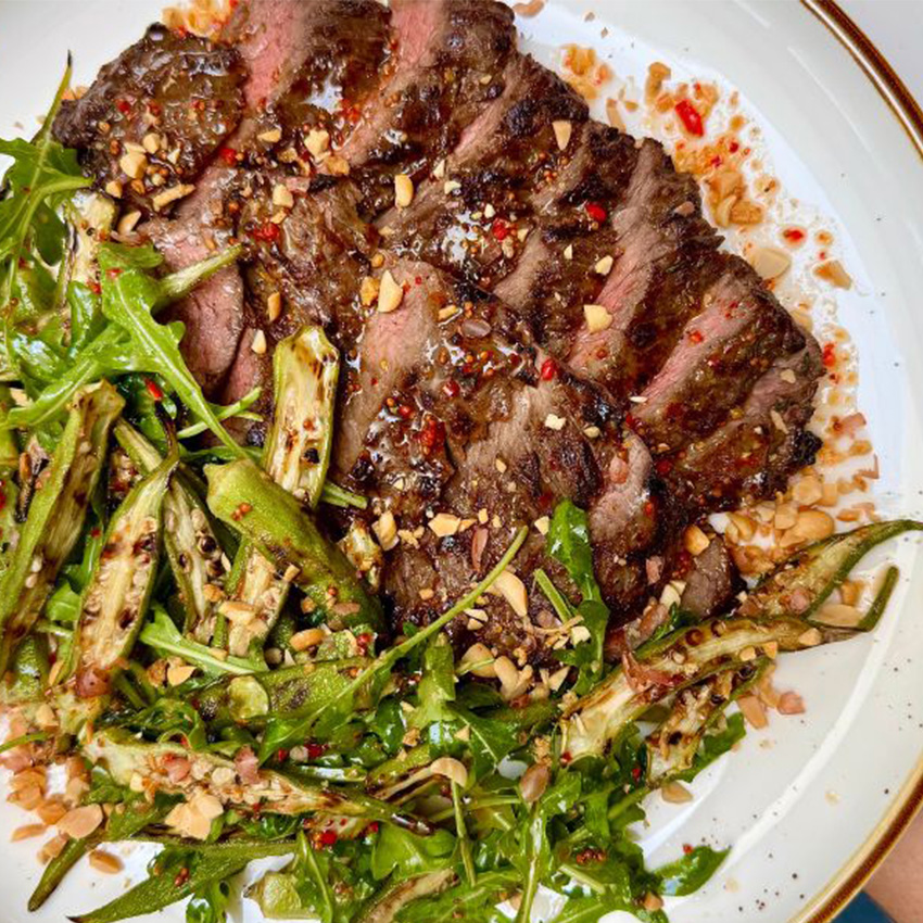 Grilled Skirt Steak with Okra